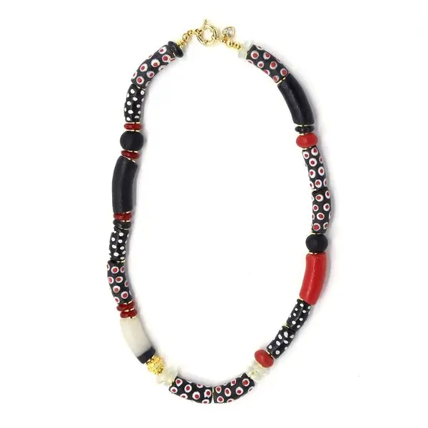 SHAR OKE Red / White / Gold Recycled African Recycled Glass Necklace - Red/white/gold