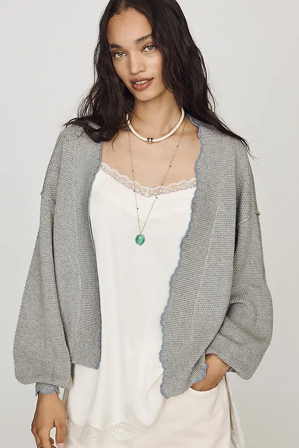 Anthropologie Waffle-knit Scalloped Cardigan - Grey