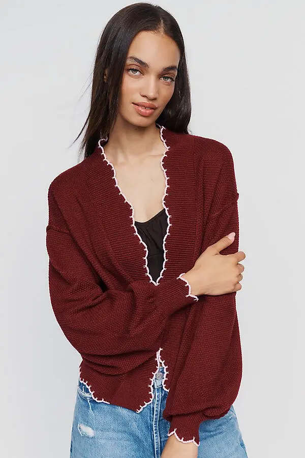 Anthropologie Waffle-knit Scalloped Cardigan - Medium Pink