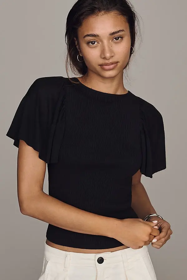 Anthropologie Draped Ruffle-sleeve Sweater - Black