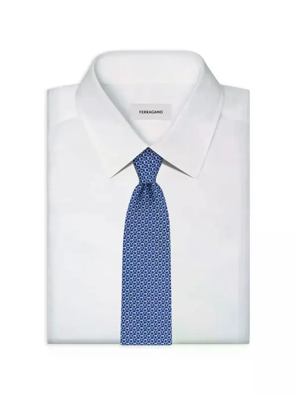 FERRAGAMO Gancini Links Print Silk Neck Tie - Blue