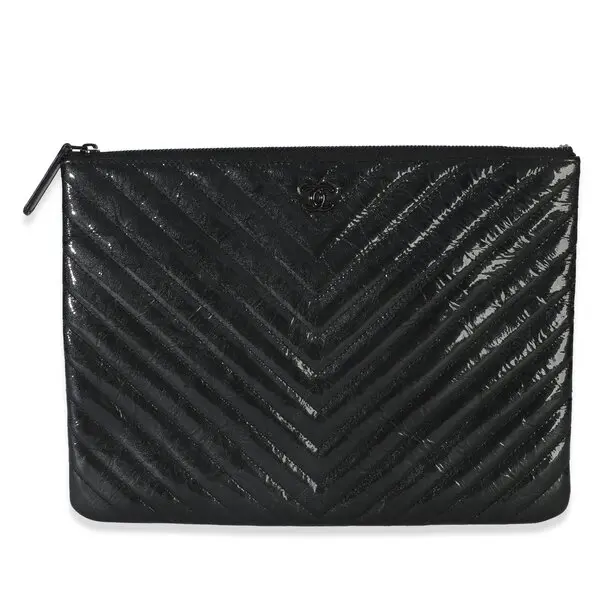 Chanel Crinkled Patent Calfskin Chevron Pouch - Black