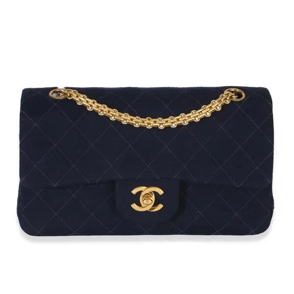 Chanel Dark Quilted Jersey Bijoux Chain Double Flap Bag - Blue