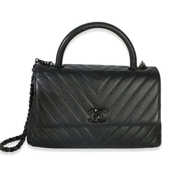 Chanel Caviar Chevron So Coco Top Handle Bag - Black