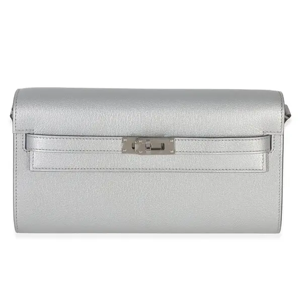 Hermès Argent Metallic Chevre Chamkilight Kelly Wallet To Go Phw - Silver