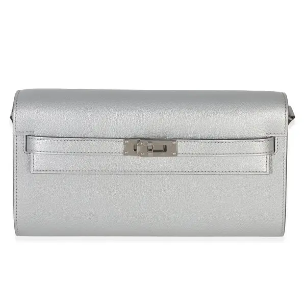 Hermès Argent Metallic Chevre Chamkilight Kelly Wallet To Go Phw - Silver