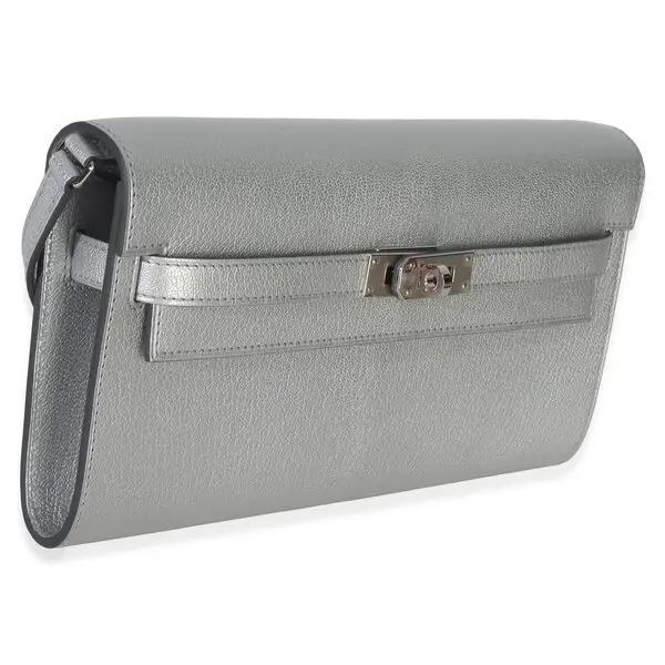 Hermès Argent Metallic Chevre Chamkilight Kelly Wallet To Go - Silver