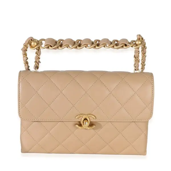 Chanel Quilted Lambskin Chain Top Handle Flap Bag - Beige