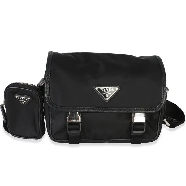 Prada Tessuto Saffiano Double Buckle Messenger Bag - Black