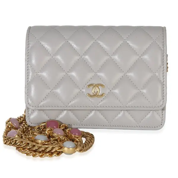 Chanel Grey Quilted Lambskin Jeweled Wallet On Chain - Gray