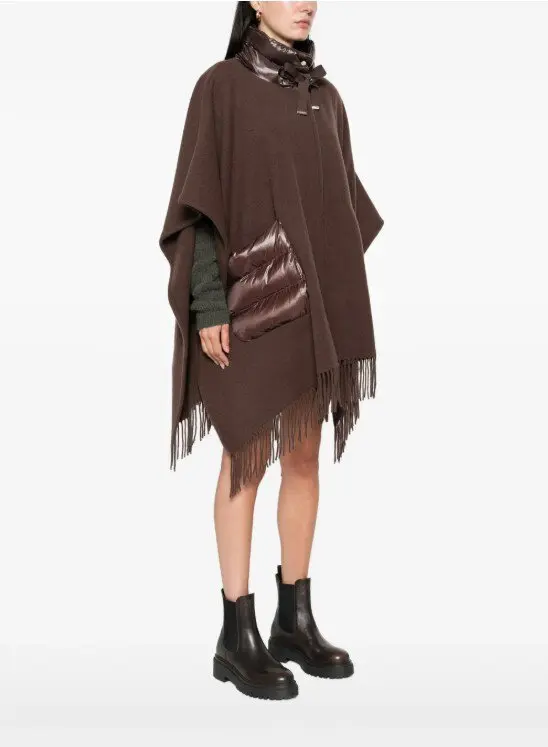 Herno High-neck Fringed-edge Drawstring Poncho - Black