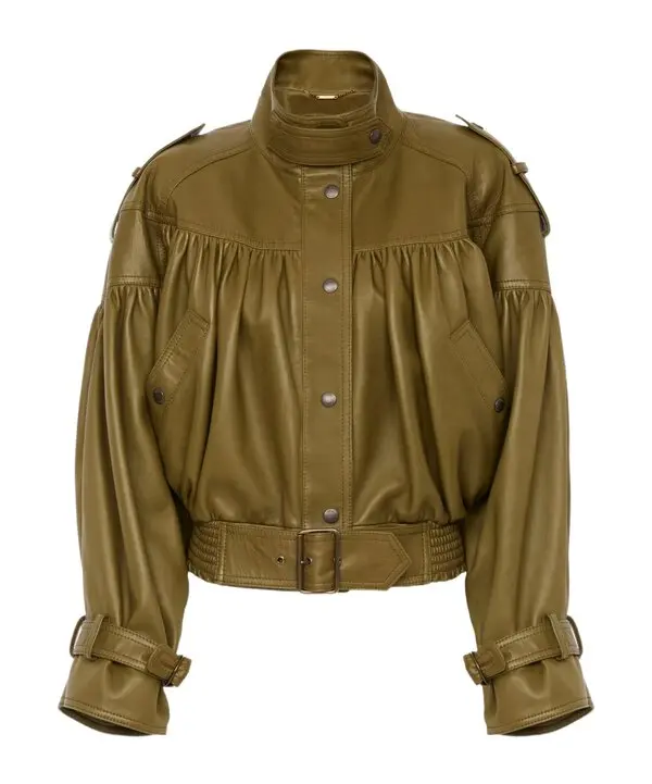 Chloé Gathered Leather Belted Jacket - Eucalyptus