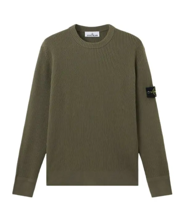 Stone Island Logo Patch Ribbed Crewneck Sweatshirt - Army Green