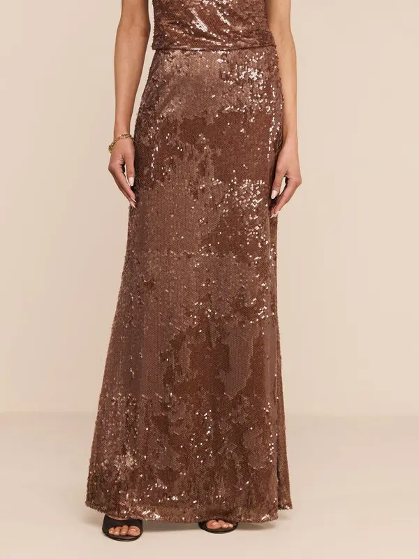 L'Agence Zeta Sequin Maxi Skirt - Dark Hazelnut