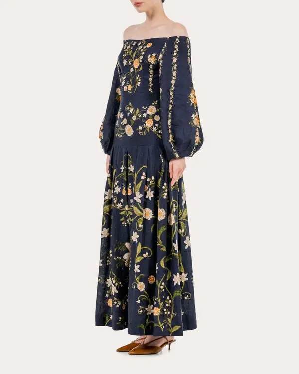 Agua Bendita Senlis Linen Off-shoulder Maxi Dress