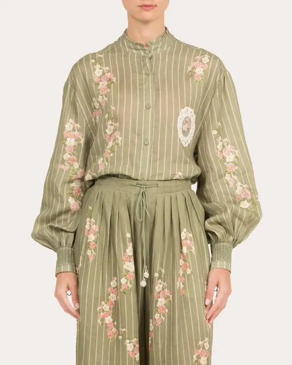 Agua Bendita Abadia Linen Shirt With Floral Embroidery