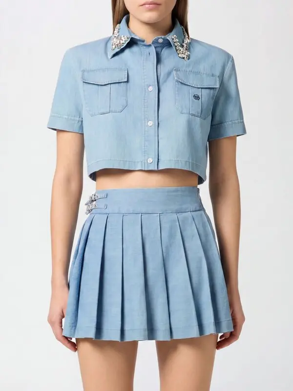Philipp Plein Cropped Fit Short-sleeved Cotton Shirt With Rhinestones - Turquoise