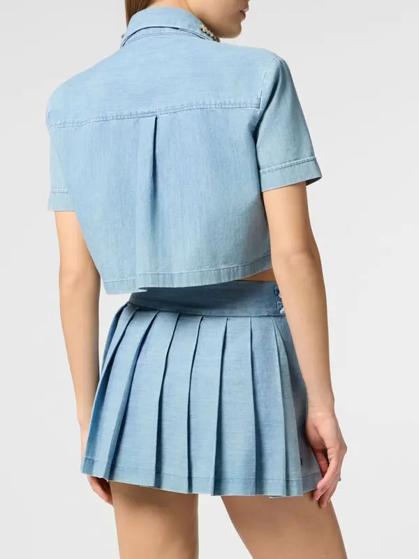 Philipp Plein Cropped Short-sleeved Cotton Shirt With Rhinestones - Turquoise