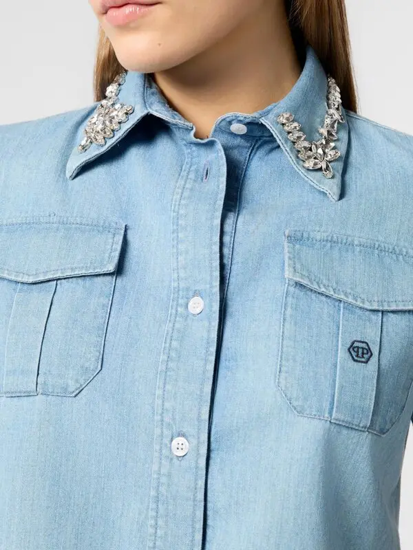 Philipp Plein Cropped Short-sleeved Cotton Shirt With Rhinestones - Turquoise