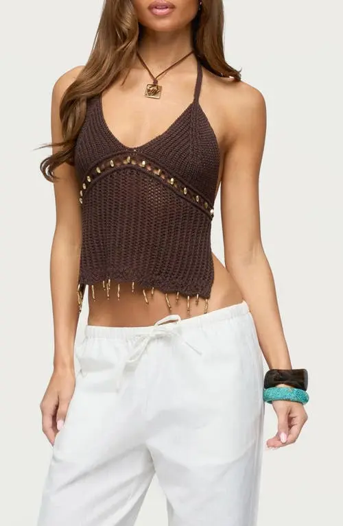 EDIKTED Jenn Beaded Open Stitch Halter Top - Brown