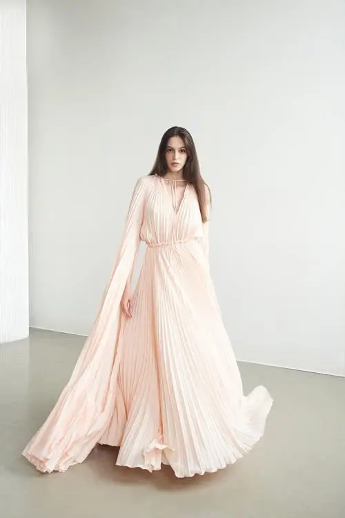 VASILIKI Zaria Plisse Cape Gown - Peach
