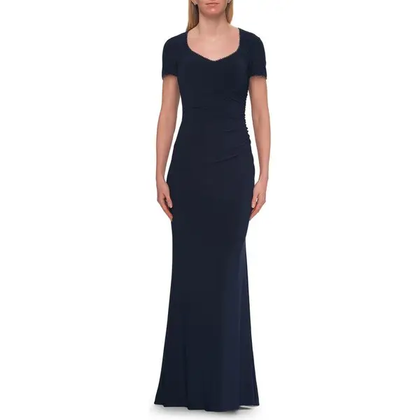 La Femme Short Sleeve Sweetheart Neckline Jersey Gown - Navy