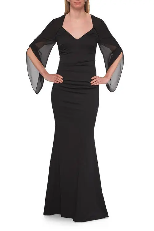 La Femme V-neck Gown With Sheer Flutter Sleeves - Black