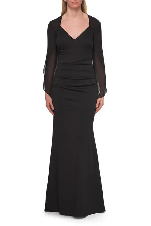 La Femme V-neck Gown With Sheer Flutter Sleeves
