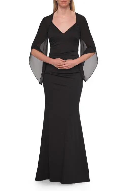 La Femme V-neck Gown With Sheer Flutter Sleeves