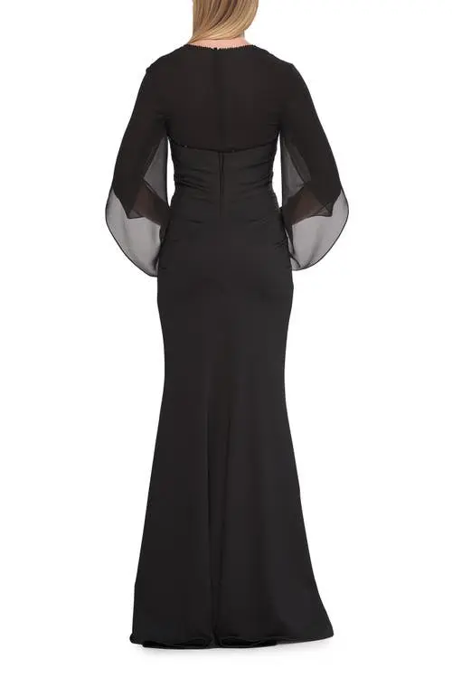 La Femme V-neck Gown With Sheer Flutter Sleeves