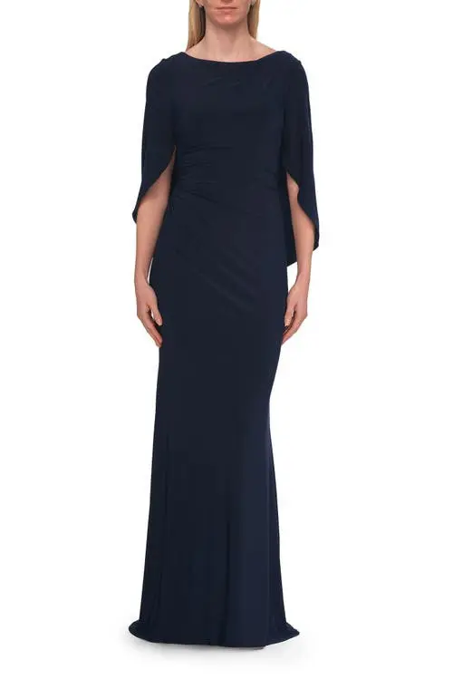 La Femme Draped Cape Sleeve Jersey Gown With Ruched Bodice - Navy