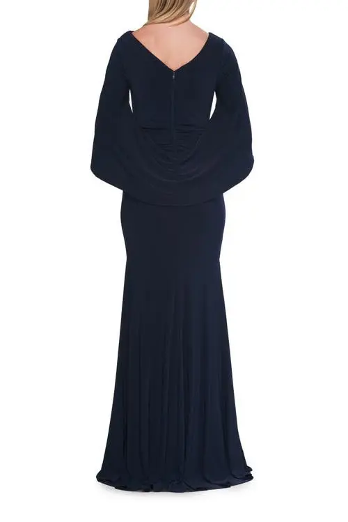 La Femme Draped Cape Sleeve Gown - Navy
