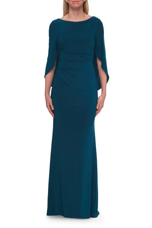 La Femme Draped Cape Sleeve Gown - Teal