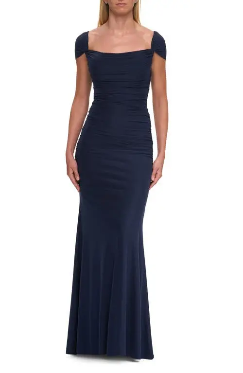 La Femme Ruched Cap Sleeve Gown - Navy