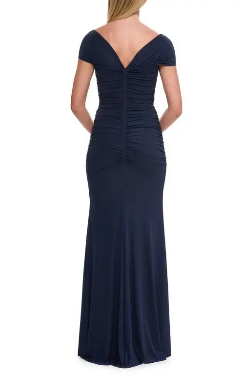 La Femme Ruched Cap Sleeve Gown