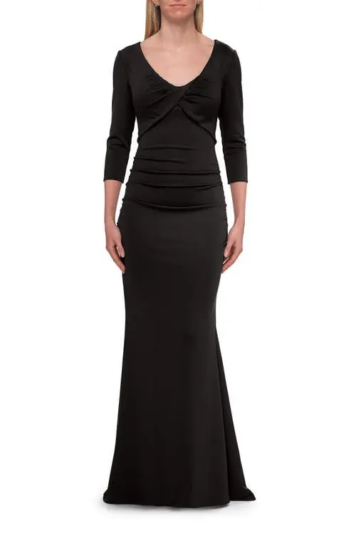 La Femme Three-quarter Sleeve V-neck Jersey Gown - Black