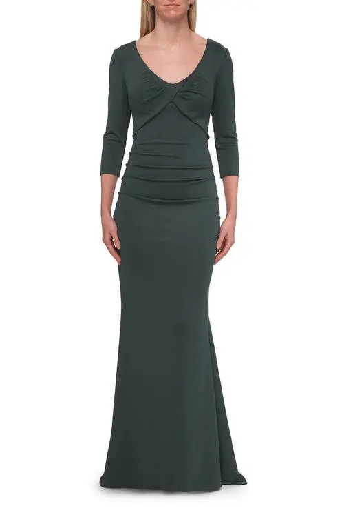 La Femme Three-quarter Sleeve Jersey Gown With Ruched Bodice - Dark Emerald