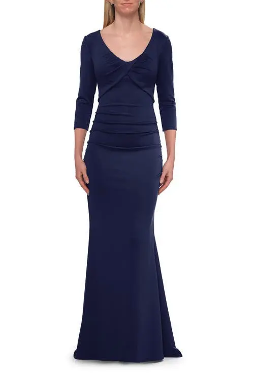 La Femme Three-quarter Sleeve V-neck Jersey Gown - Navy