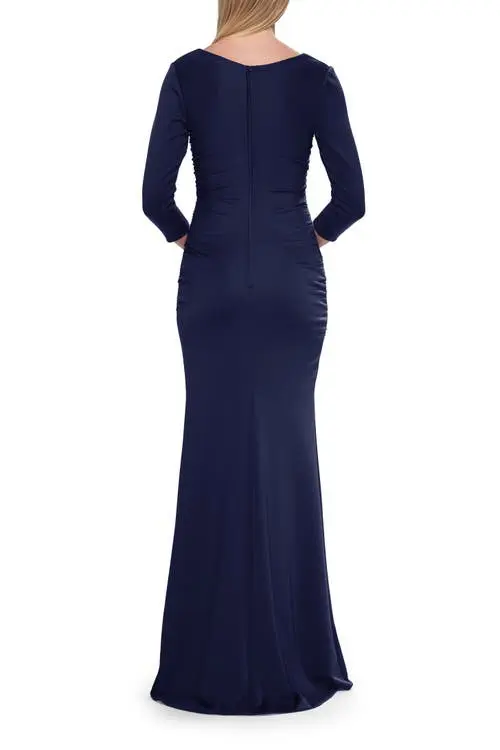 La Femme Three-quarter Sleeve V-neck Jersey Gown - Navy