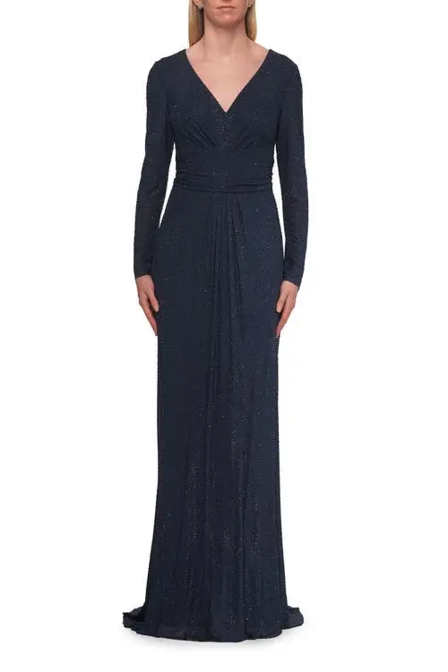 La Femme Long Sleeve Glitter Gown With V-neck And Pleated Waist - Navy