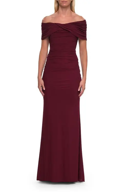 La Femme Off-the-shoulder Draped Jersey Gown - Wine