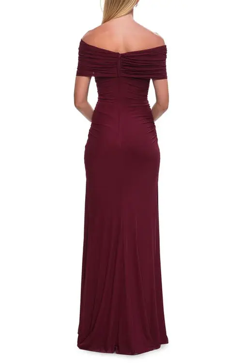 La Femme Off-the-shoulder Draped Jersey Gown