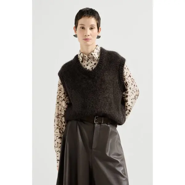 Brunello Cucinelli Sparkling Mohair Sweater Vest With Monili - Pine Cone Brown