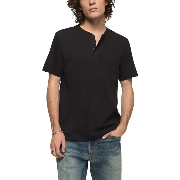 Lucky Brand Solid Short Sleeve Cotton Henley - Jet Black