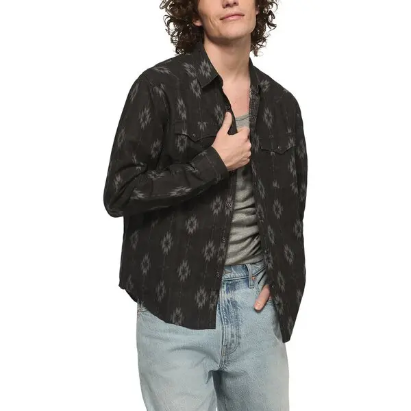 Lucky Brand Geo Pattern Slub Cotton Snap-up Western Shirt - Black Multi