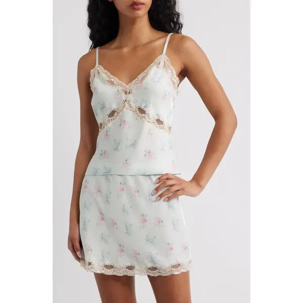 LoveShackFancy Lamora Lace Trimmed Floral Print Satin Camisole - Eucalyptus