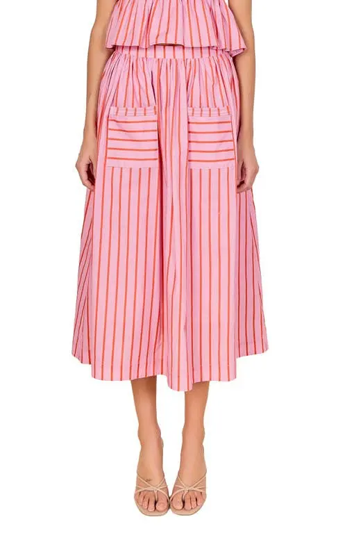 English Factory Stripe Cotton Midi Skirt - Pink/orange