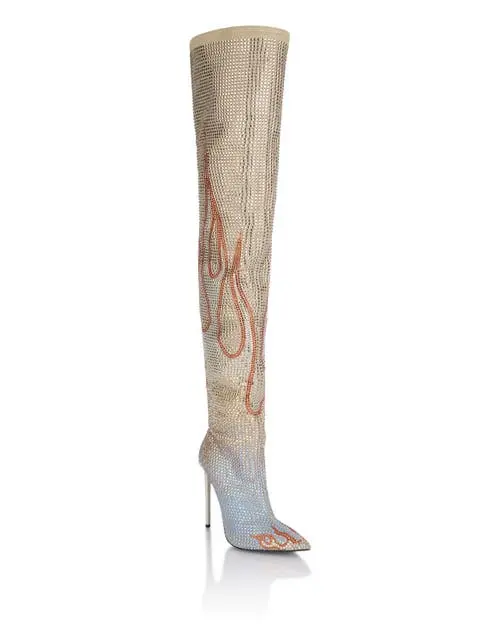 Philipp Plein Suede Over-the-knee Boots With Rhinestone Embellishments - Beige