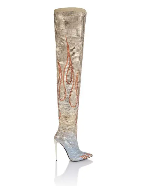 Philipp Plein Suede Over-the-knee Boots With Rhinestone Embellishments - Beige