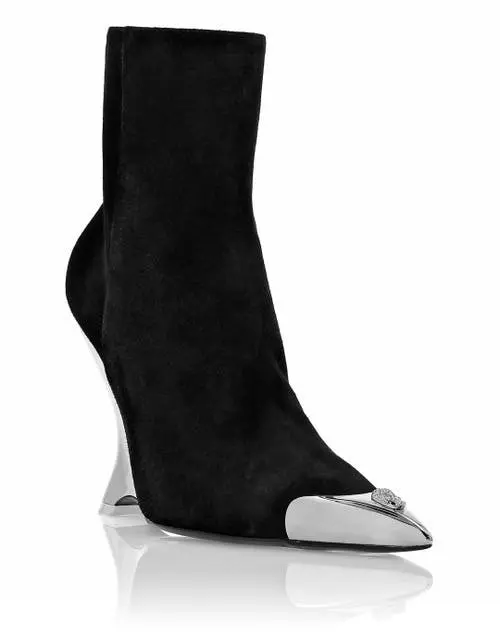 Philipp Plein Suede Ankle Boots With Embellished Metal Toe Cap - Black
